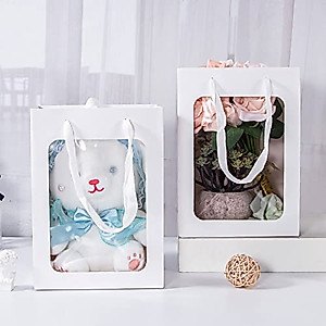 Sdootjewelry Gift Bag with Window, 10pcs White Paper Tote with Transparent Window, 9.8" x 5.1" x 7.0"Transparent Bouquet Gift Bags With Handle, Kraft Paper Gift Bags with Transparent Window