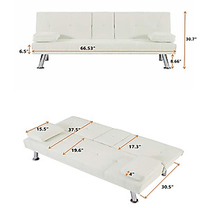 100% Fabric Linen Upholstered Futon Sofa Bed with 2 Cupholders/Legs/Removable Armrest, Modern Convertible Sleeper Couch, Upholstered Loveseat for Small Spaces, Memory Foam Living Seat, Brown