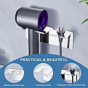 SUS 304 Stainless Steel Hair Dryer Holder Wall Mounted, Self Adhesive Hair Straightener Holder, Universal Blow Dryer Holder with Plug Hooks for Cabinet Bathroom