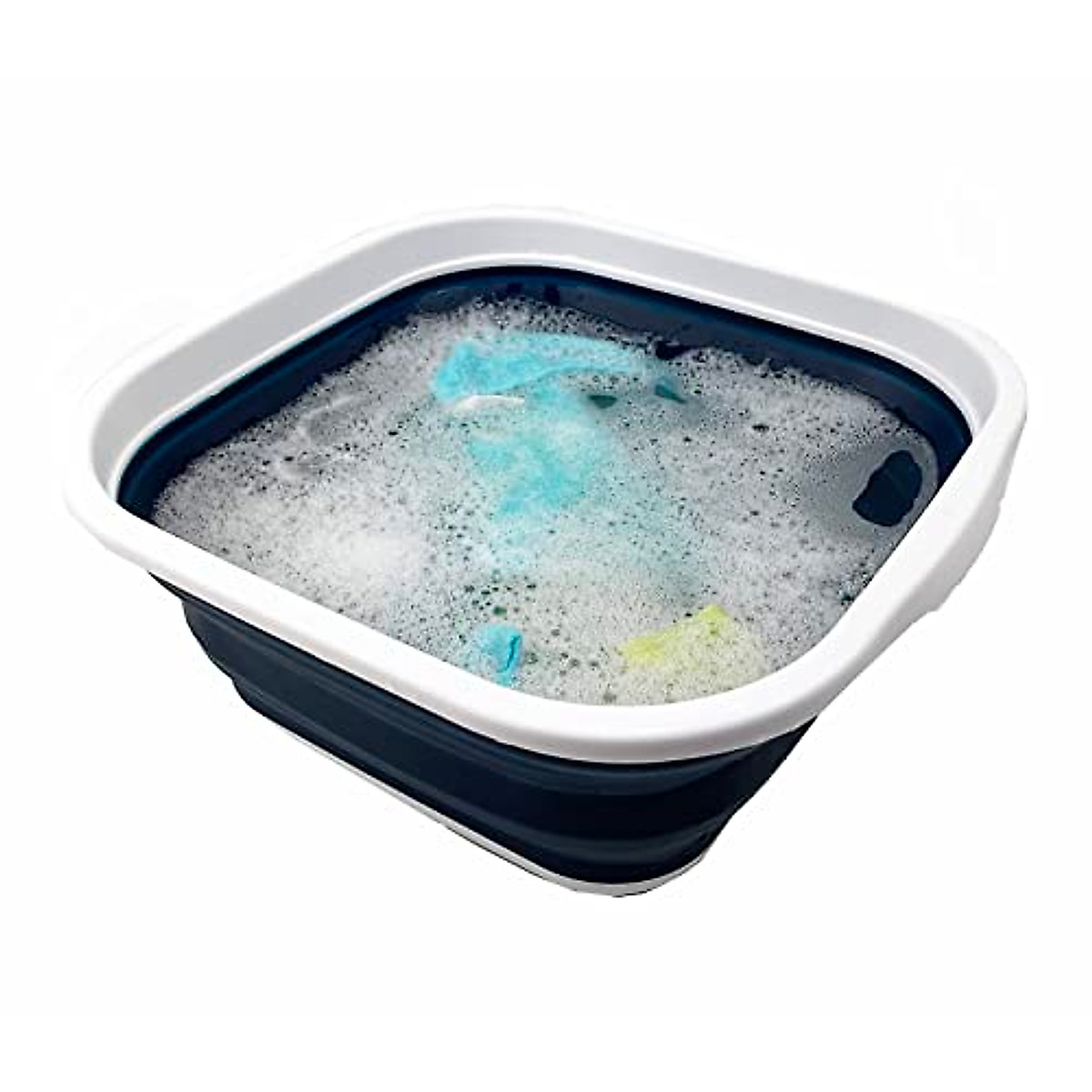 SAMMART 5.5L (1.4 Gallons) Set of 2 Collapsible Tub - Foldable Dish Tub - Portable Washing Basin - Space Saving Plastic Washtub (White/Indigo)