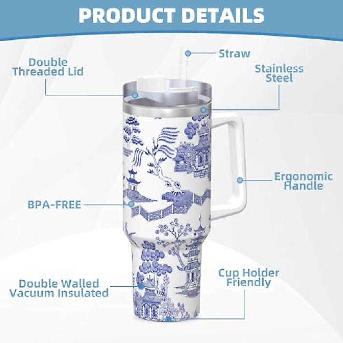 Xiexide 40oz Rustproof Hiking Tower Spring Chinese Folk Chinoiserie Style Double Walled Vacuum Insulatedith Handle And Straw,Hot & Cold Drinks