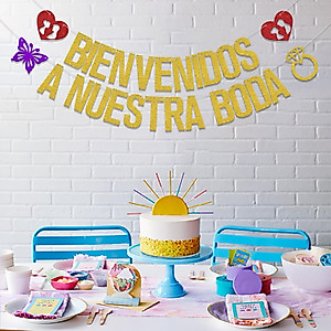 KEWUFD Spanish Welcome To Our Wedding Banner, Funny We're Engaged Decorations Wedding Party Decorations Bridal Shower Photo Prop Sign Gold Glitter