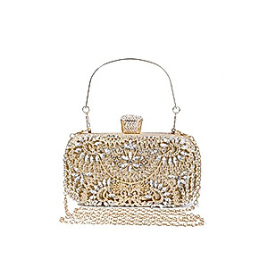 Covelin Women's Rhinestone Decorated Evening Bag, Tote Shoulder Crossbody Handbag with Chain Golden