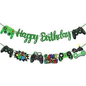 Video Game Birthday Banners Gamer Birthday Party Decorations 3Pcs Game on Party Decorations Gaming Happy Birthday Banner Green for Game Theme Baby Shower Supplies