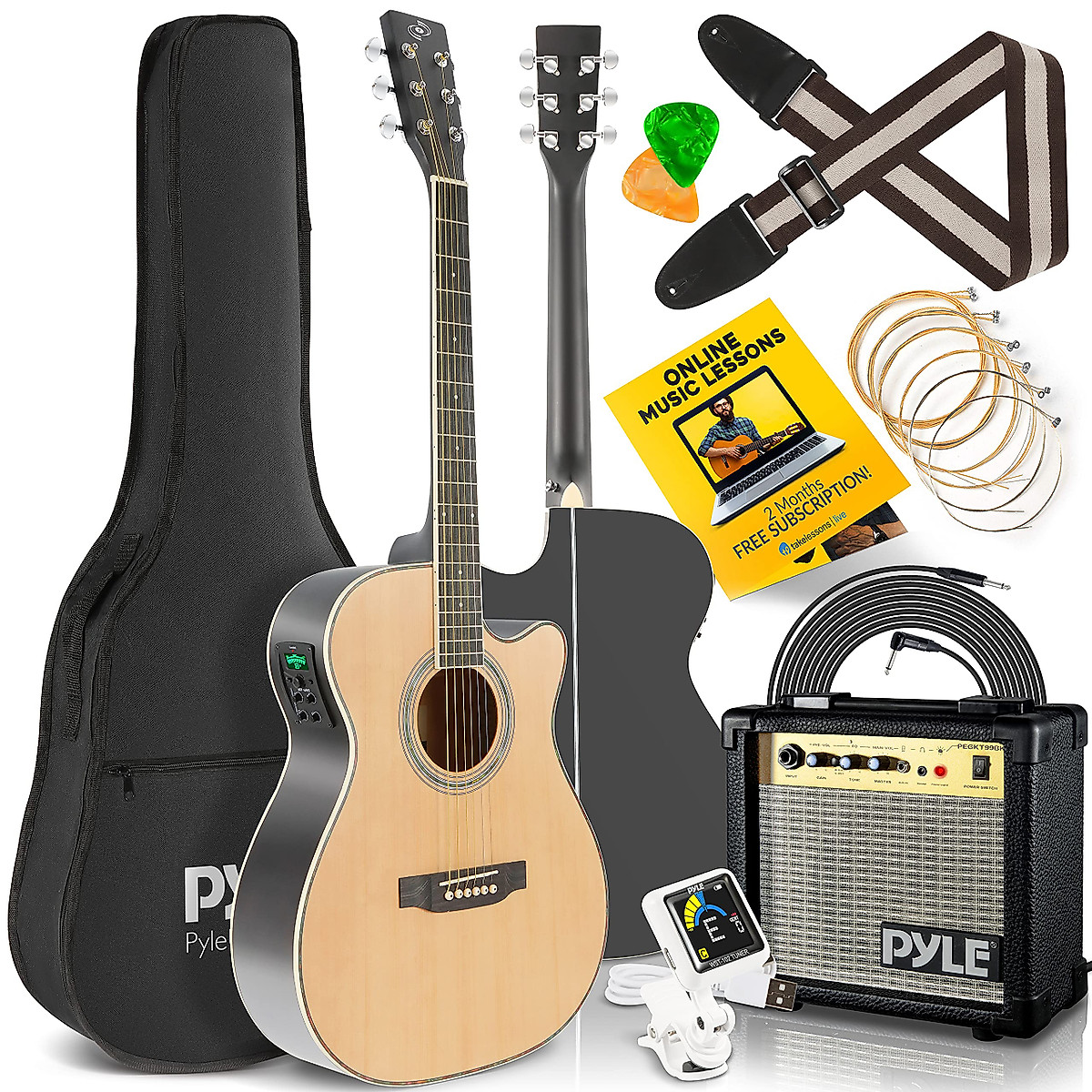Pyle Cutaway Acoustic Electric Guitar Bundle with Guitar Stand and Practice Amp