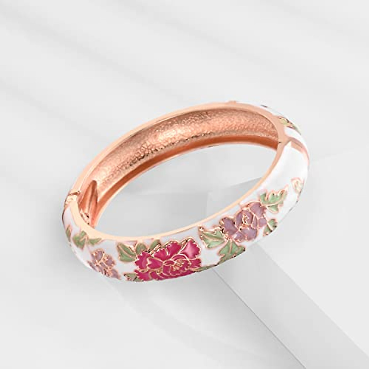 UJOY Fashion Cloisonne Bracelets Set Gold Plated Enameled Jewelry Spring Hinged Metal Cuff Bangles Gift Box Packed 55A106-55A113 white rose