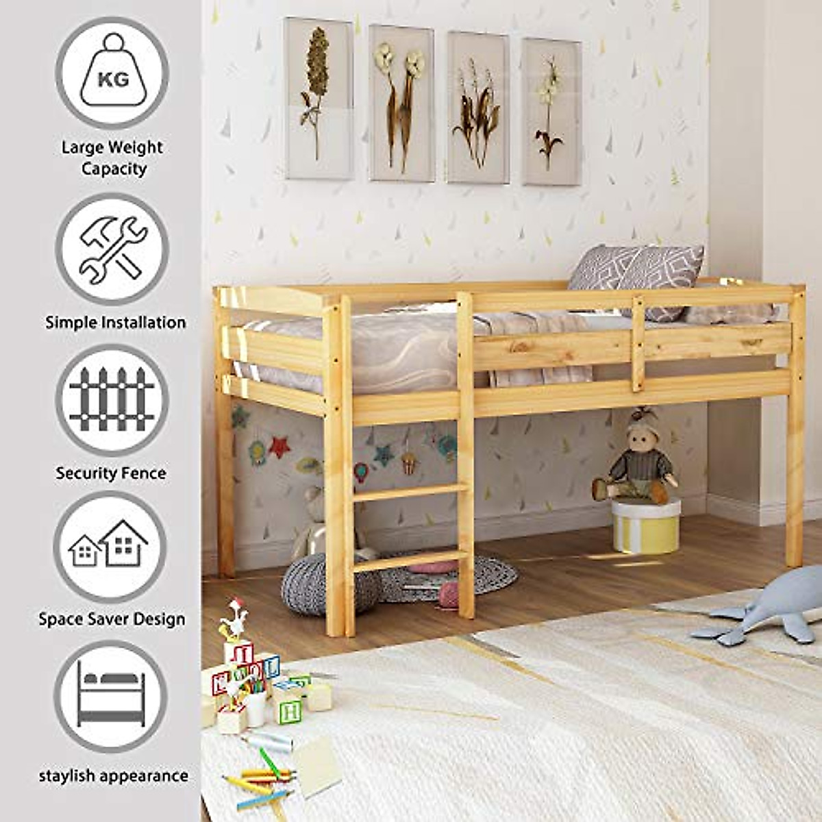 Merax Twin Size Wood Low Loft Bed Frame for Kids Junior Full Length Guardrails Walnut