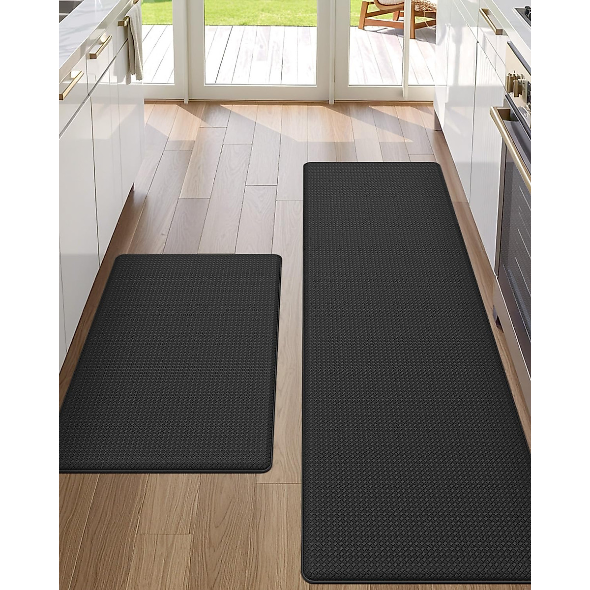 DEXI Kitchen Floor Mats Cushioned Anti Fatigue,17x29+17x59, Standing Runner Rug Waterproof, Comfort Memory Foam Padded for Front Sink Laundry Set of 2, Black