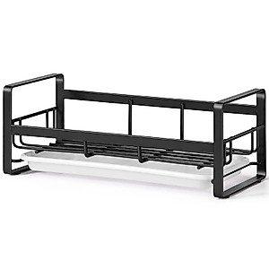 FANGSUN Large Sponge Holder for Kitchen Sink, 304 Stainless Steel Sink Caddy Organizer with Removable Drip Tray, Kitchen Countertop Dish Soap Holder, Not Include Soap Dispenser, Black