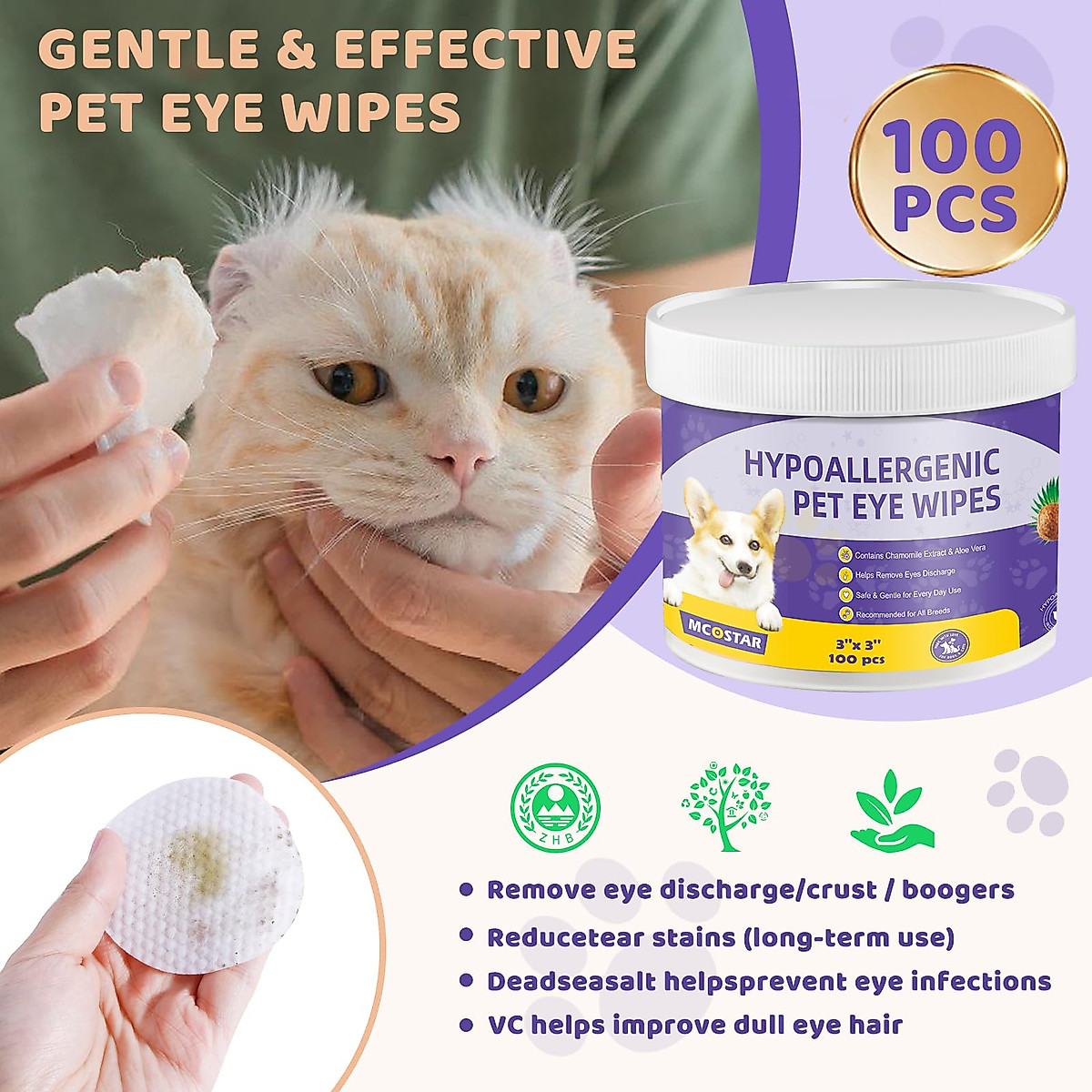 Eyes Wipes for Dog & Cat - Dog Eye Wipes Tear Stain Remover, Soft Pet Wipes for Gently Cleaning Eyes - Coconut Oil Pet Cleaning Grooming Deodorizing Wipes for Eyes, Face, Wrinkle