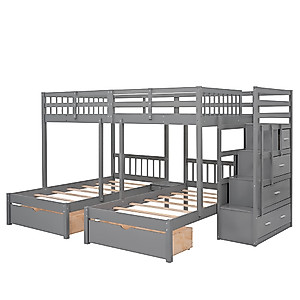 Full Over Twin & Twin Bunk Bed, Wood Triple Bunk Bed Frame with with Staircase, Drawers and Guardrails, Multi-Functional Bunk Bed for Kids, Teens, Adults (Gray*Staircase)
