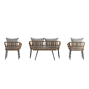 Flash Furniture Evin Boho Patio Conversation Set Rope Rattan-All-Weather Cushions-Tempered Glass Top Coffee Table-Indoor/Outdoor, 4 Piece, Natura/Gray