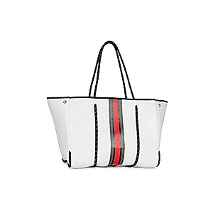 Haute Shore - Greyson Trento Neoprene Tote Bag w/Zipper Wristlet Inside, White Coated W/Red, Black & Green Stripe