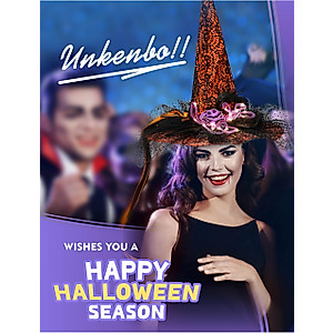 UNKENBO Orange LED Light Witch Hats for Women - Fancy Light Weight Halloween Witch Hat with Cute Lace and Large Hat Brim Unique Halloween Designs and Purple Feather for Witch Costume Size: 20 inch