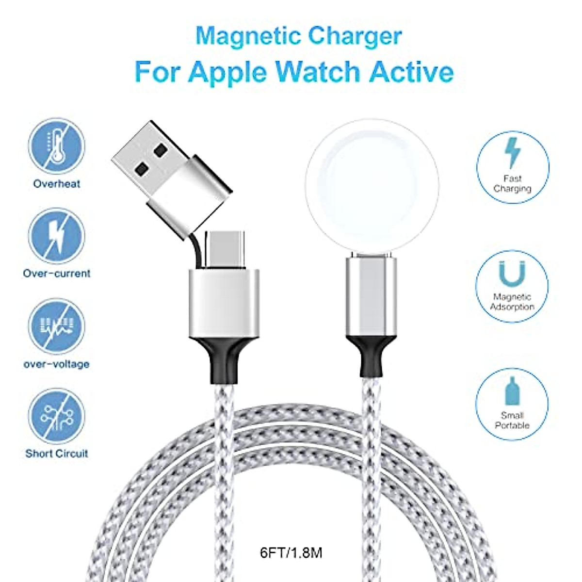 5 in 1 Smart Watch Charger Cable 6FT Magnetic iWatch Charger Multi Charging Cable with Lightning*2+Type C Nylon Braided iPhone Charger for Apple Watch Series 7/6/5/4/3/2/1/SE/iPhone/iPad/Samsung/Andr