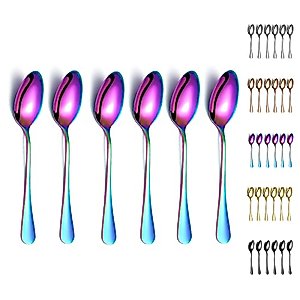Rainbow Dinner Spoons, Kyraton 6 Pieces 7.5" Stainless Steel Table Spoon With Titanium Colorful Plating, Rainbow Soup Spoons, Dessert Spoons Sliverware Dishwasher Safe Set of 6