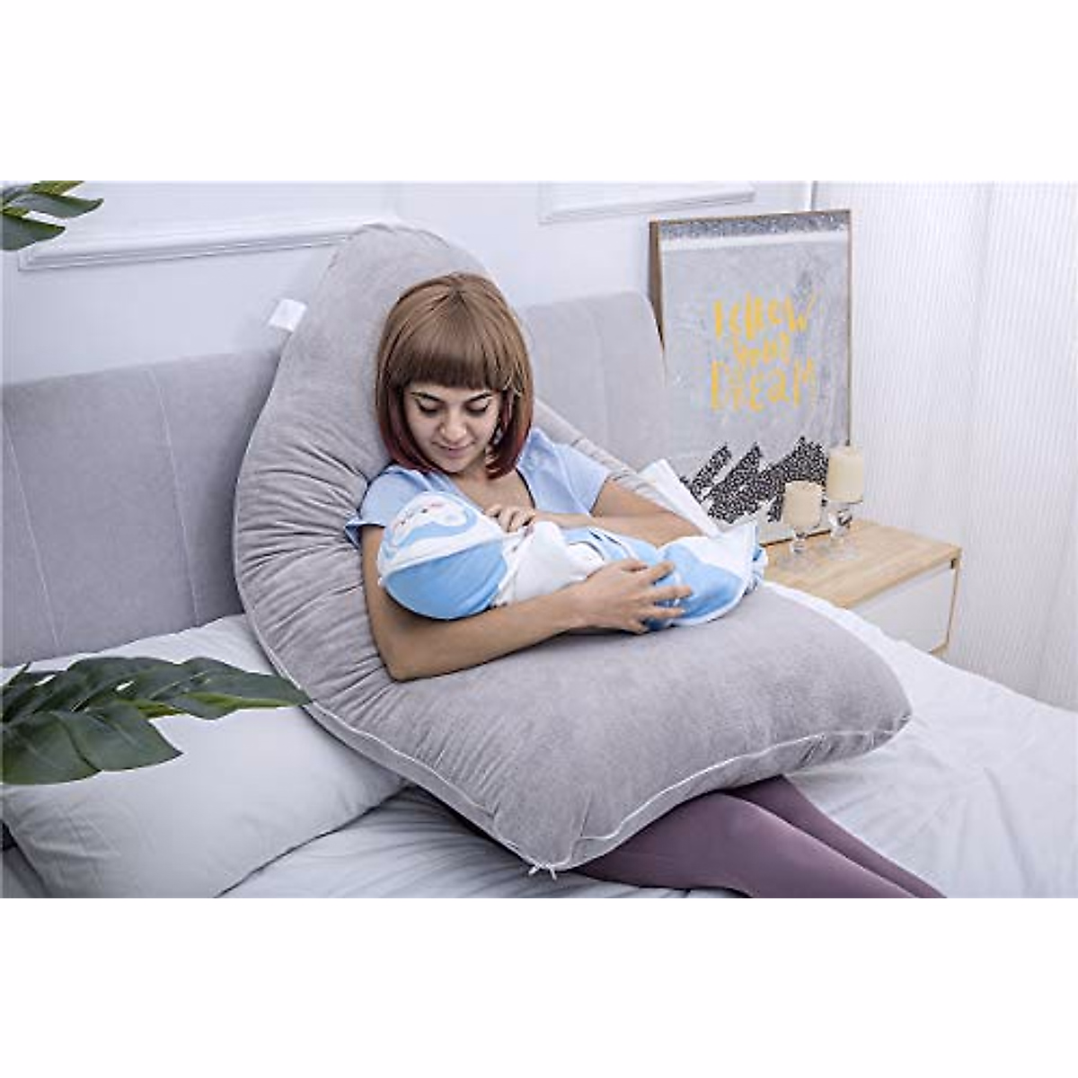 MOON PINE Pregnancy Pillow, U Shaped Full Body Pillow for Maternity Support, Sleeping Pillow with Velour Cover for Pregnant Women (Gray)