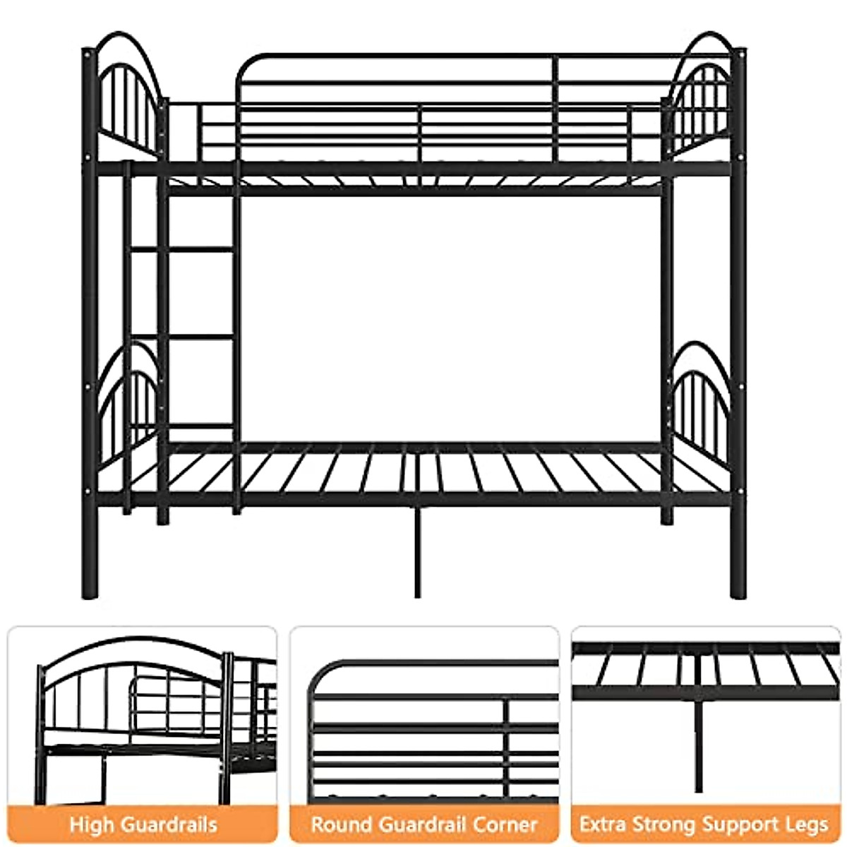 Alohappy Metal Bunk Beds Frame Twin Over Twin, Convertible Into 2 Individual Metal Bed Frame, Removable Ladder & Safety Guard Rail (Black)