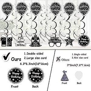Birthday Decorations Black Silver White, Happy Birthday Party Decorations for Women Girls Men Boys, Happy Birthday Banner, Double-Sided Bday Pattern Card, Birthday Sash, 9 Pompoms, 6 Hanging Swirl Set