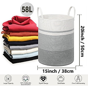 Laundry Basket,Woven Cotton Rope Laundry Hamper,58L Hamper for Kids for Blanket,Toys,Dirty Clothes in Living Room,Bathroom,Bedroom (Grey&White)