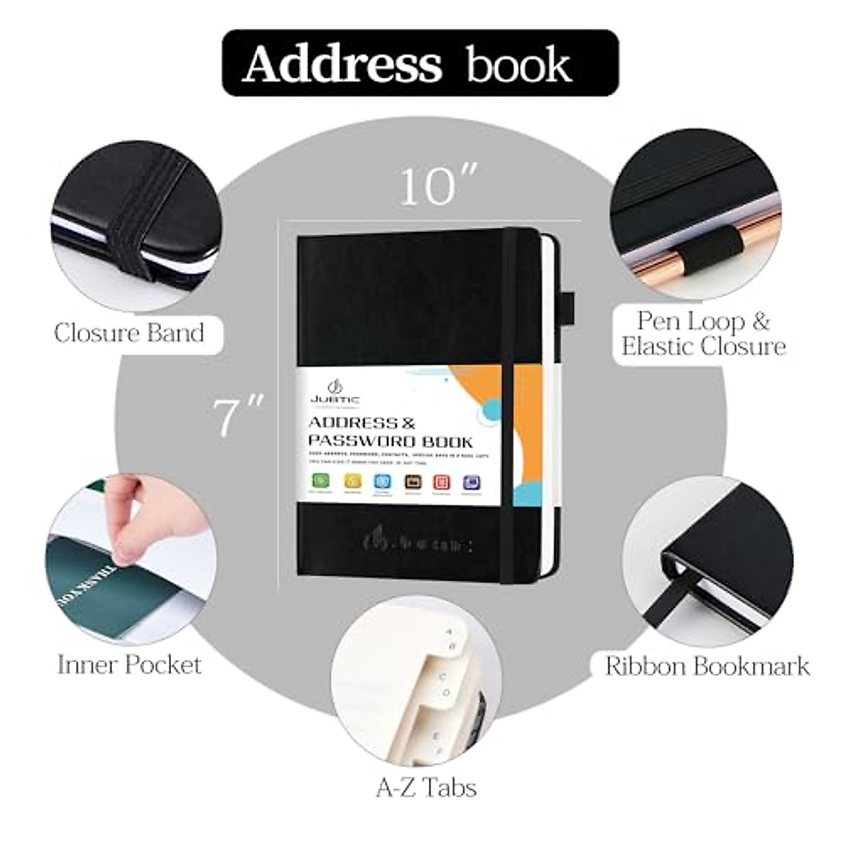 JUBTIC Address book with Alphabetical Tabs, Hardcover Password Keeper and Telephone Book Address Organizer Record Contacts, Internet Login Address Log book Journal Notebook for Home or Office-Black