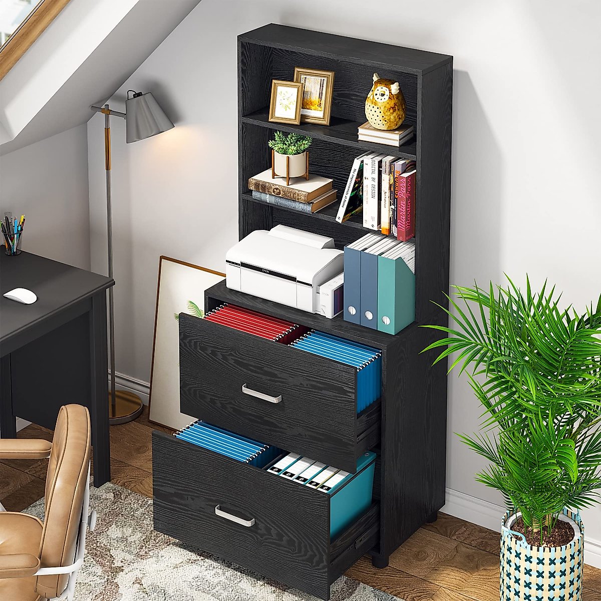 Tribesigns Vertical File Cabinet Modern Wood Filing Cabinet with 2 Large Drawer fit Letter/A4 Size, Large Printer Stand with 4 Open Storage Bookshelves for Home Office, Black