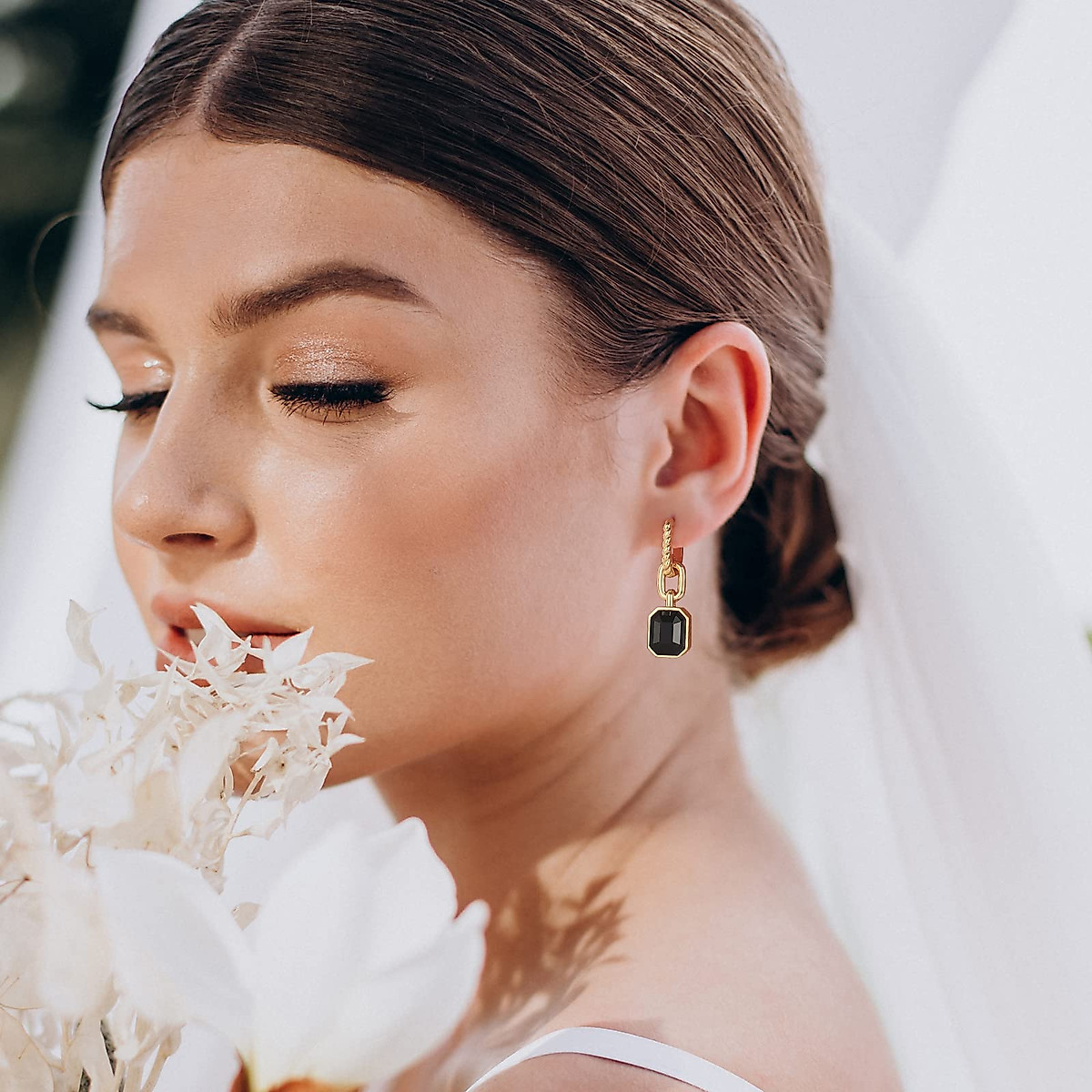 Birthstone Crystal Dangle Drop Earrings, 18K Gold Plated Huggie Hoop Hypoallergenic Earring Jewelry Gifts for Women (Black-Hoop)