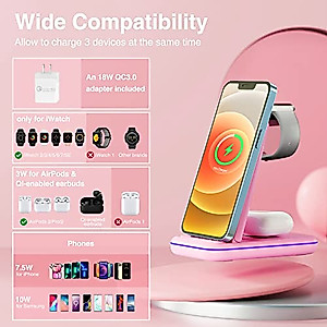 Pink Wireless Charger, Charging Station for iPhone 14 13 12 11 Pro/Pro Max/XR/XS/X, AirPods Pro 2/3/Pro/ 2, iWatch 8~2 SE with QC3.0 Adapter