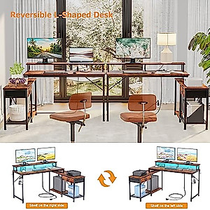 Furologee L Shaped Computer Desk and 5-Tier Bookshelf, Corner Gaming Desk with LED Lights & Power Outlets, Tall Bookcase with 2 Drawers for Living Room, Home Office, Bedroom, Rustic Brown