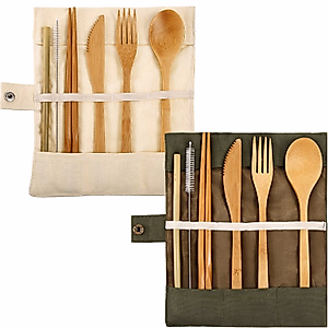 2 Sets Bamboo Cutlery Bamboo Utensils Reusable Flatware Set Bamboo Travel Utensils Include Reusable Chopsticks Fork Spoon Knife Straws Brush for Camping Hiking Picnic with Pouch Bag