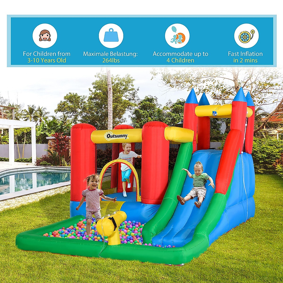 Outsunny 6-in-1 Kids Bounce House Inflatable Water Slide with Pool, Water Cannon, Climbing Wall, Inflator Included, Jumping Castle Kids Backyard Activity Outdoor Water Play Toy