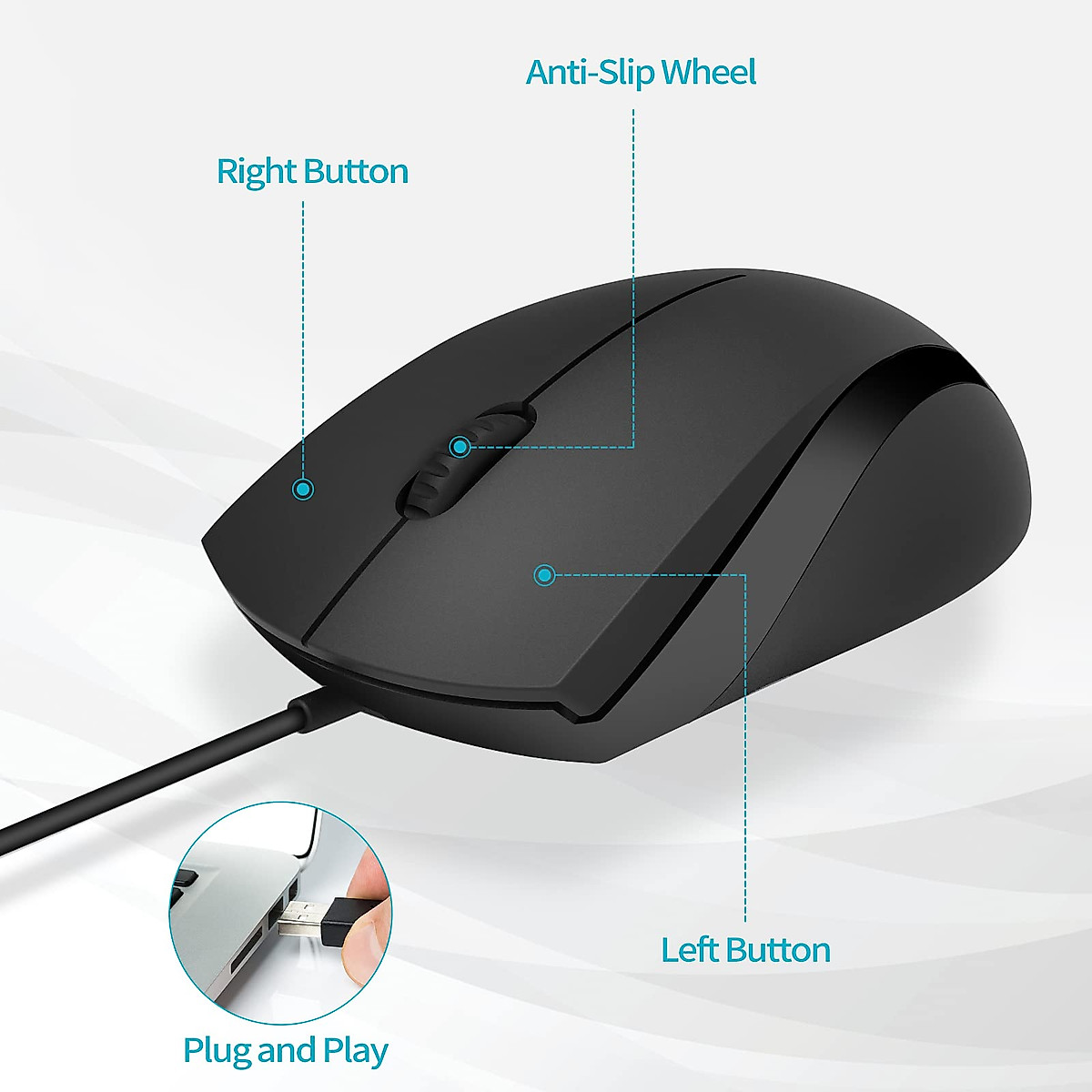 Rapoo Silent Wired Mouse, 1000 DPI 5ft Cord Quiet Button Optical Computer Mouse, Left Right Hand Use, for Laptop Chromebook Mac Notebook, Matte Black