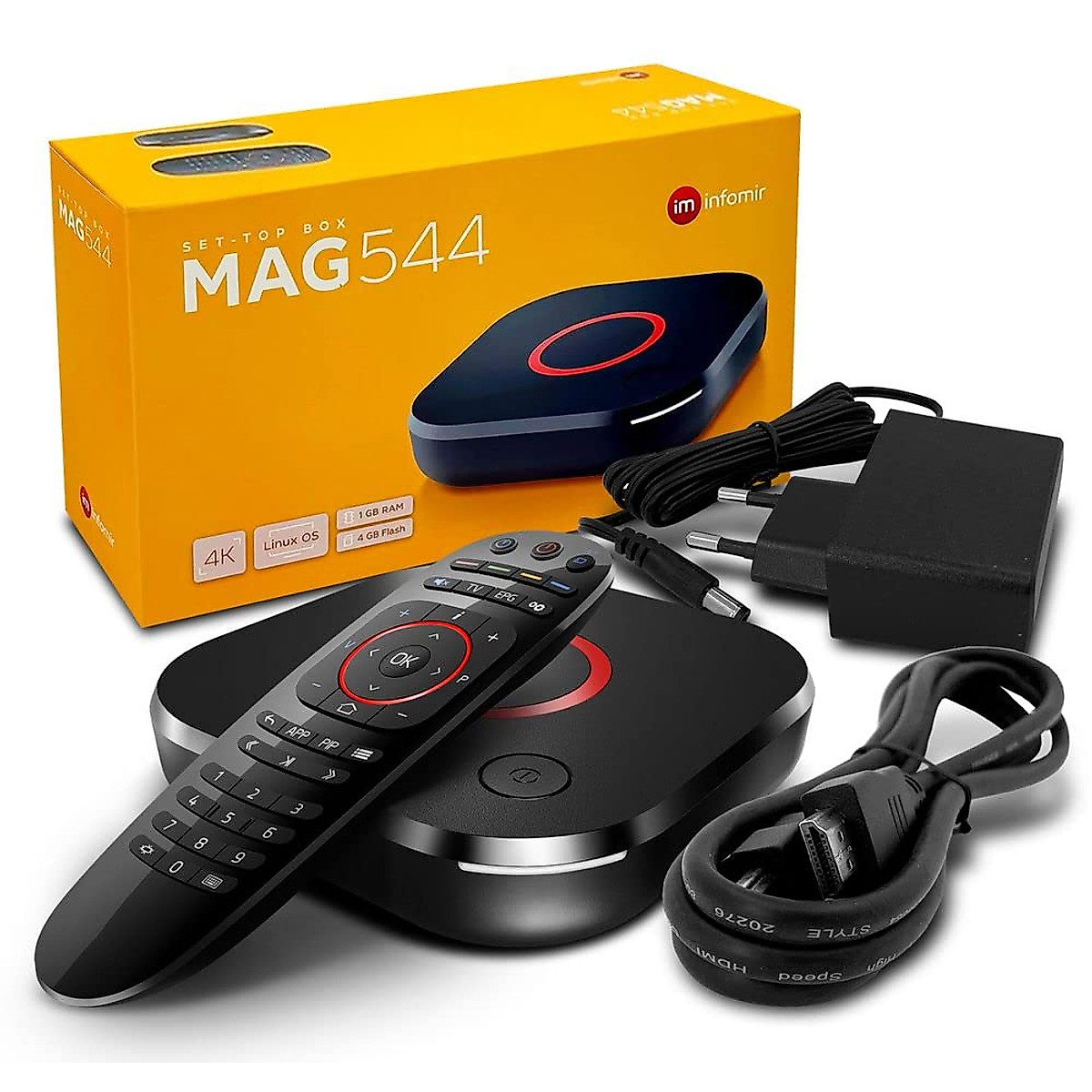 Infomir Original MAG 544 W3 4K Set Top Box Multimedia Player Internet TV Receiver 2160p @ 60 FPS HDMI 2.1 HDR and HEVC Support USB 3.0 4X ARM Cortex-A35 + HDMI Cable, Much Faster Than Mag 524w3