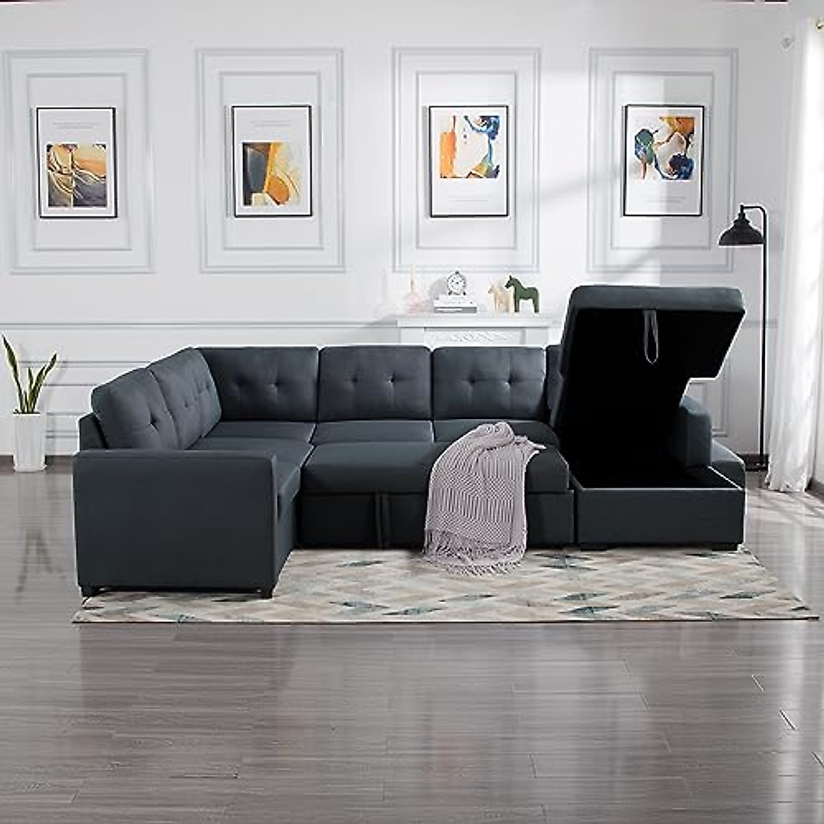 Eafurn 114.2”U Shaped Sectional Sofa with Pull Out Full Bed and Storage Chaise Lounge,6 Seater Oversized Couch with Removable Cushion Back,Tufted Sofa & Couches for Living Room Furniture Set