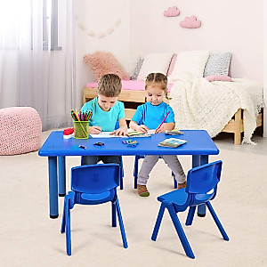 Costzon Kids Table and Chair Set, 4 Pcs Stackable Chairs, 47 x 23.5 Inch Rectangular Plastic Activity Table Set for Children Reading Drawing Playing Snack Time, Toddler School Furniture (Blue)