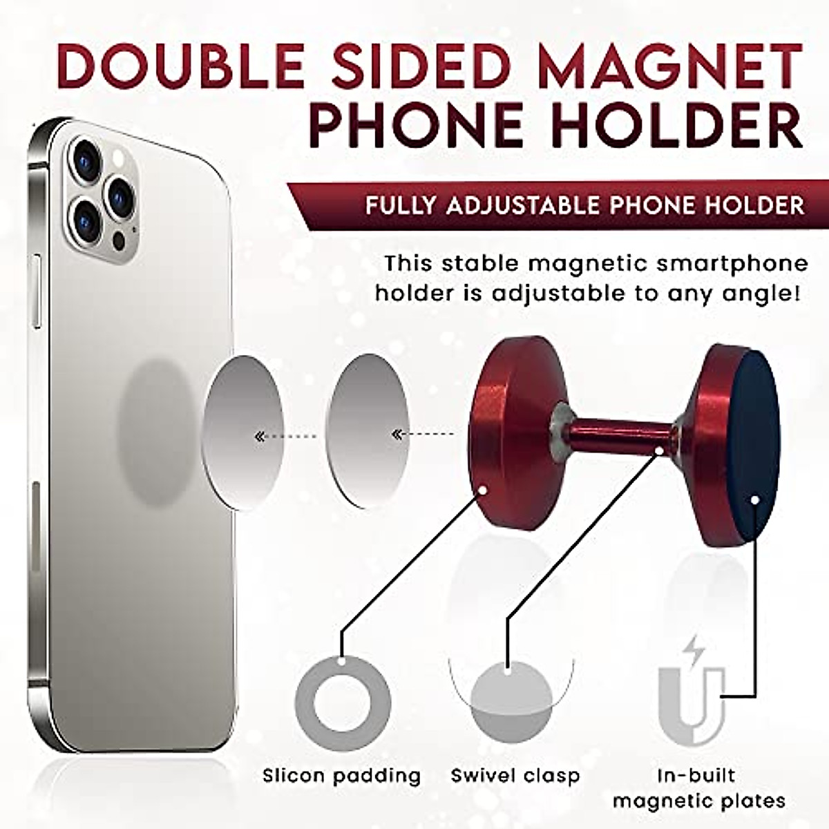 Gym Double Sided Magnetic Phone Holder (2022 Extra Strong New Edition) - Cell Phone Gym Holder for Pictures and Video Capture Hands Free Selfie- Phone Magnet Mount (Red)