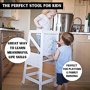 Toddler Standing Tower-Kitchen Step Stool for Toddlers with Message Boards and Safety Rail-3 Adjustable Heights Stool, Toddler Kitchen Helper-Removable, Anti Slip Stool for Bedroom, Bathroom (White)