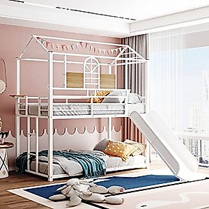 Lostcat House Bunk Bed with Slide and Slide,Twin Over Twin Bunk Bed with Safety Guardrails and Roof Design for Kids, Teens, Girls, Boys,No Box Spring Required,White