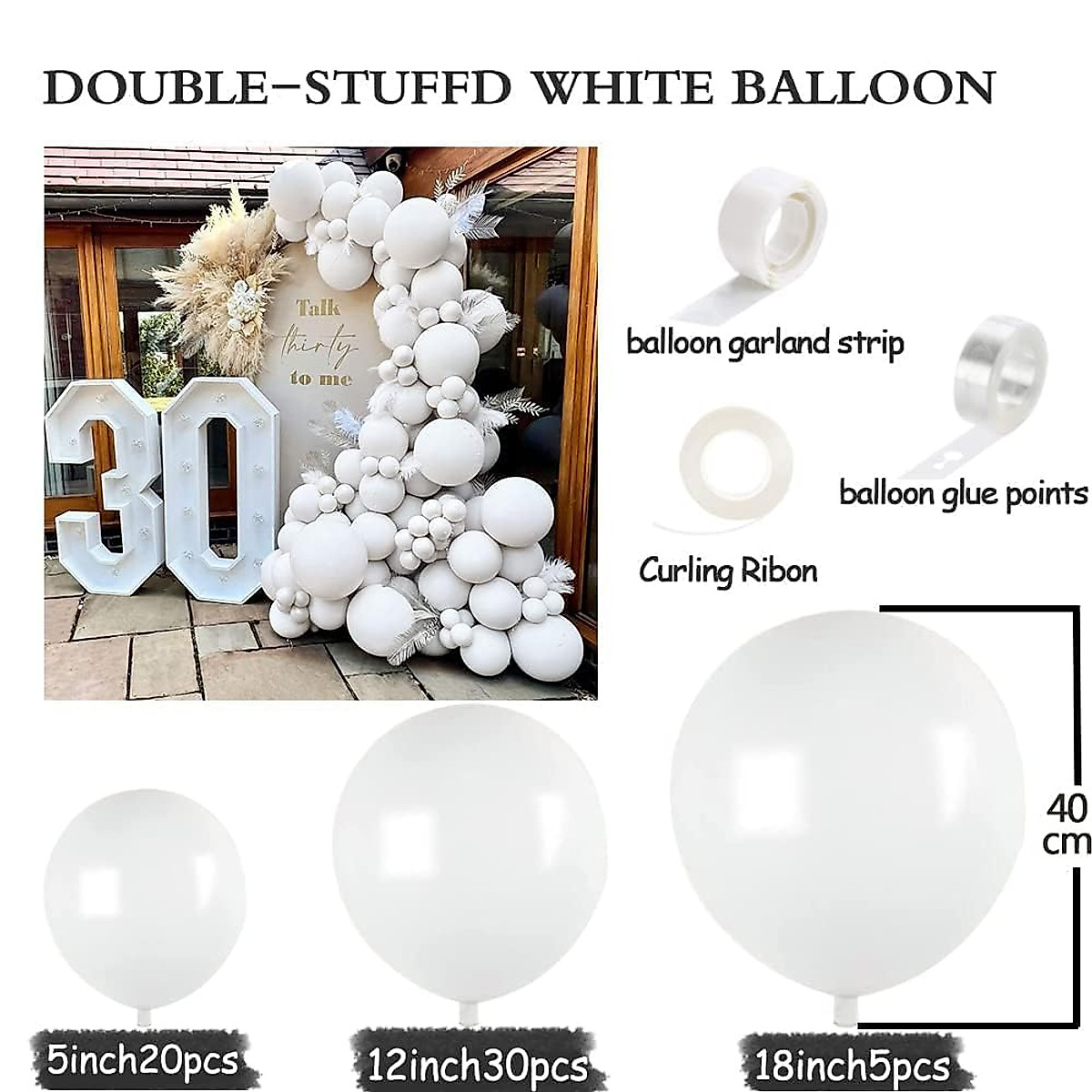 Double Stuffed White Balloon Garland - Pastel White Balloons Different Sizes 18/12/5 Inch Matte Latex Arch For Baby Shower Birthday Bridal Shower Wedding Party Decorations
