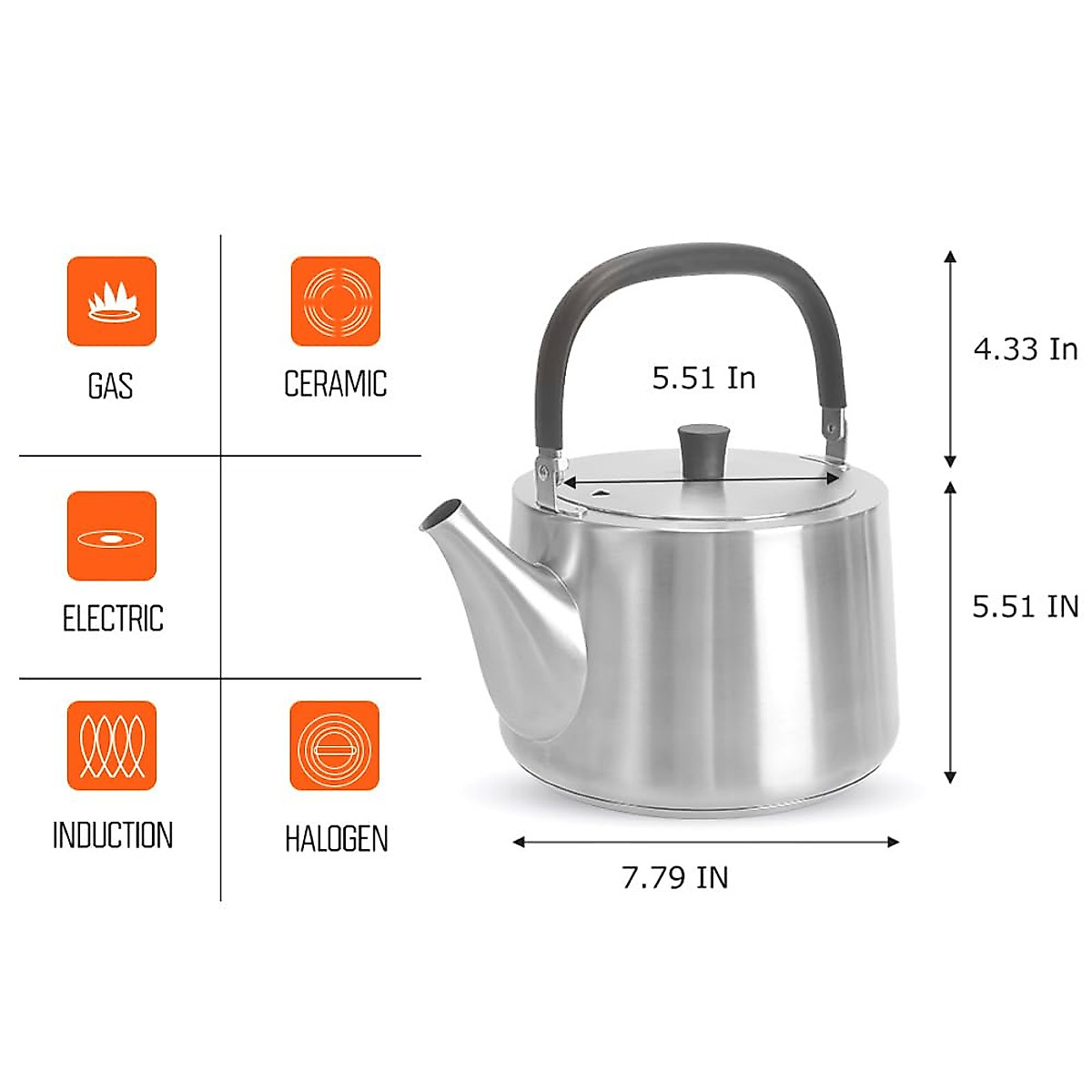 Dr.HOWS Deluxe Stainless Steel Tea Kettle Stovetop 3.5L, Tea Pot Food Grade Stainless Steel & Folding Silicon Handle, Easy to Clean Suitable for All Heat Sources