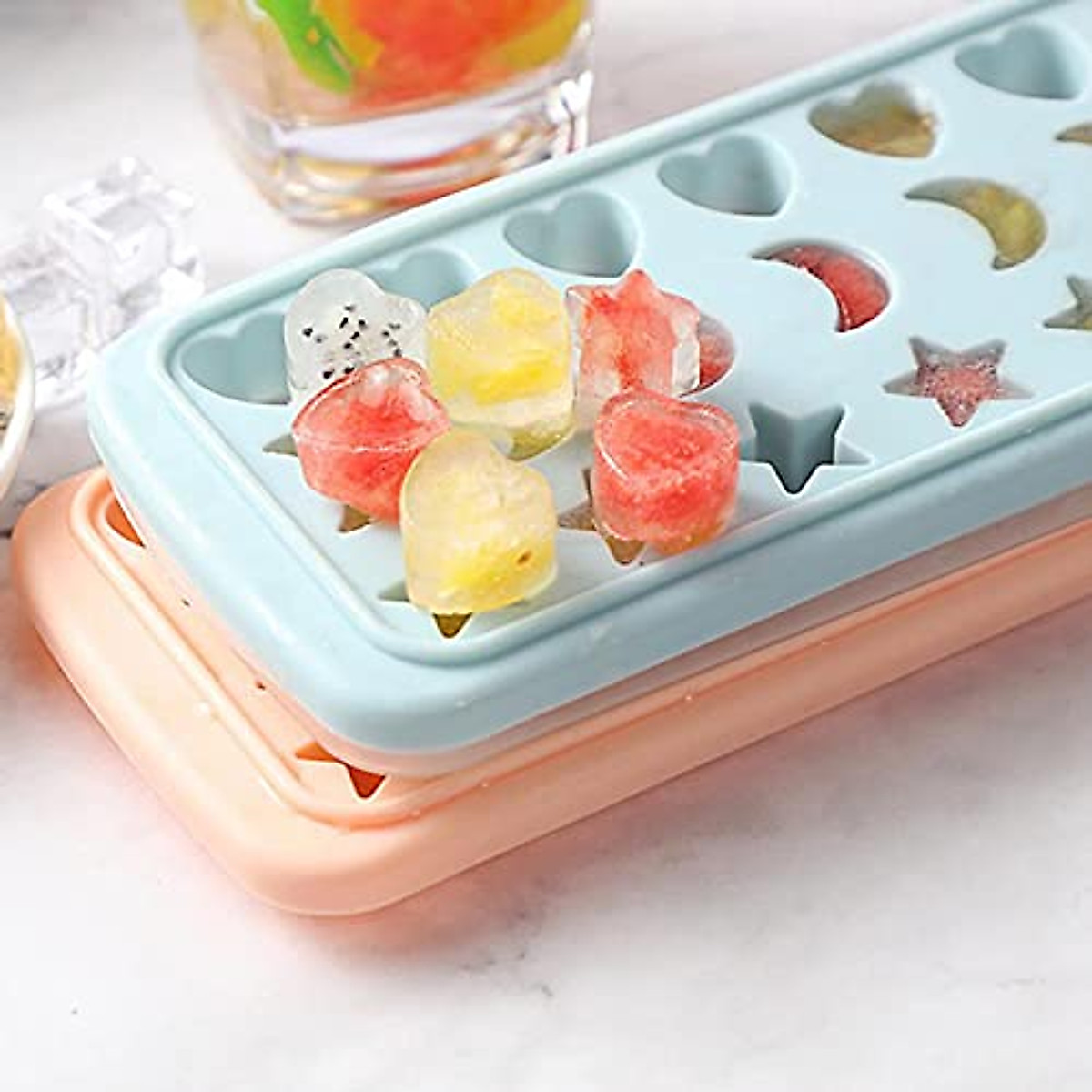 chaojia Chaojia Ice Cube Tray with Lid Stars Moons Love Hearts Shape 24 Cavity Silicone Safe Durable Whiskey Ice Ball Maker Kitchen Tools-Sky Blue, 10.04x3.86x0.9 in