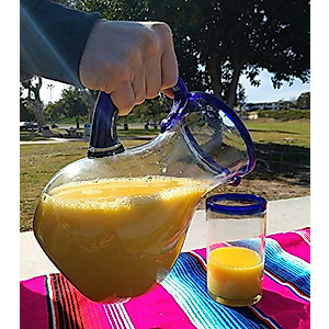 Mexican Hand Blown Glass Pitcher – Cobalt Blue Rim and Handle (84 oz)