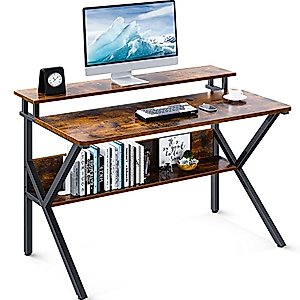 ODK Small Desk, 39 Inch Small Computer Desk for Small Spaces, Compact Desk with Storage, Tiny Desk Study Desk with Monitor Stand for Home Office, Rustic Brown