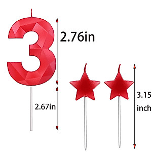 3rd Birthday Candles and Star Heart Candles 2.76 Inch for Birthday Cakes Decorations Wedding Anniversary Celebration Number 3 30 13 31 32 33 34 35 36 37 38 39(Red,3)