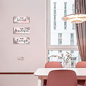 Creoate Pink Wall Decor for Girls 3 Pieces Inspirational Quotes Wall Art Thick Wooden Wall Hanging Bedroom Decor - You Are Loved Signs Wall Decor, Cute Girls Bedroom Decor, 4x10x0.3 Inch
