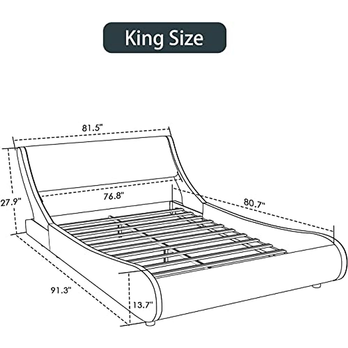 Modern King Upholstered Platform Bed Frame,Low Profile Bed Frames with Ergonomics Headboard, Faux Leather Bed/No Box Spring Needed/Easy Assembly,White