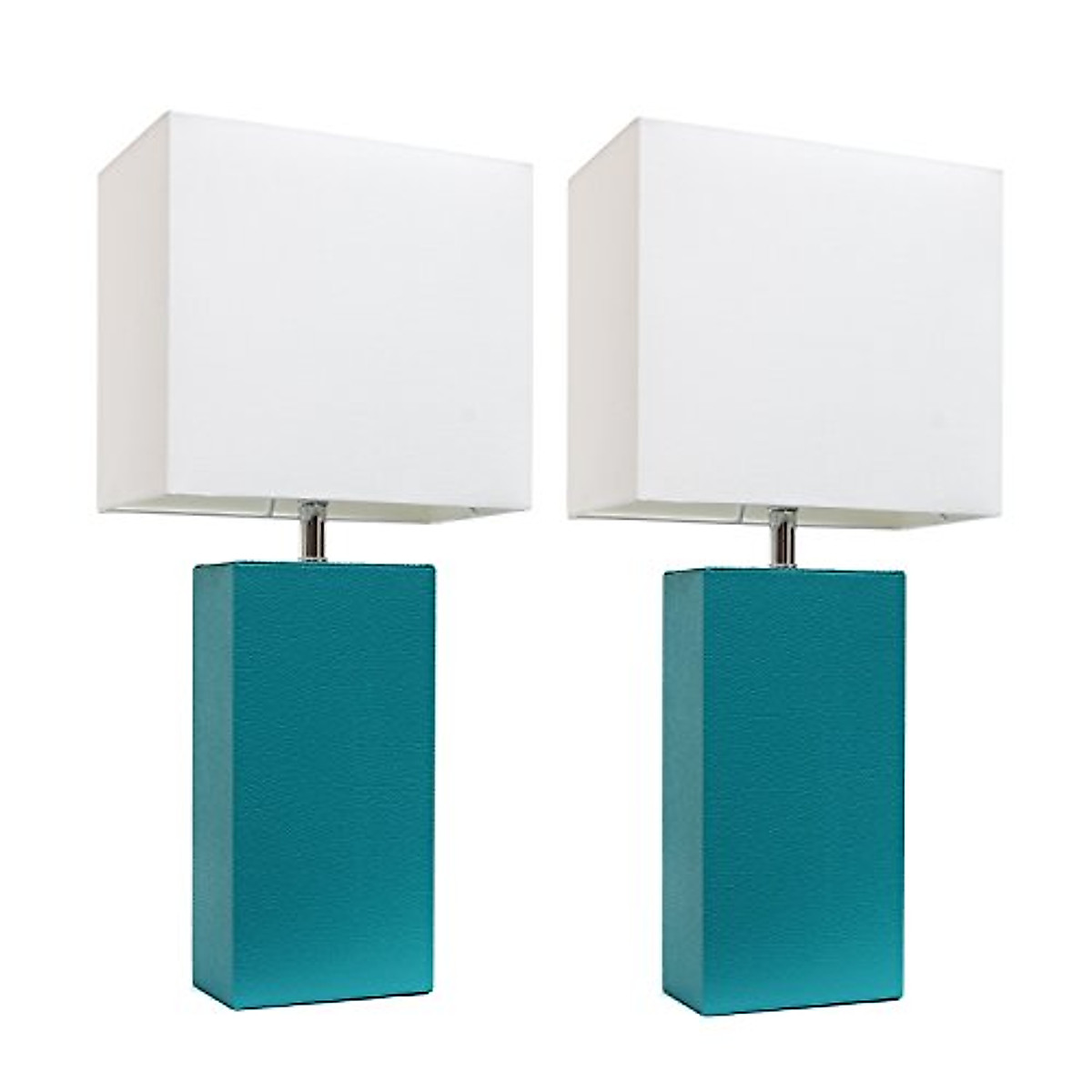 Elegant Designs LC2000-TEL-2PK 2 Pack Modern Leather Table Lamps with White Fabric Shades, Teal
