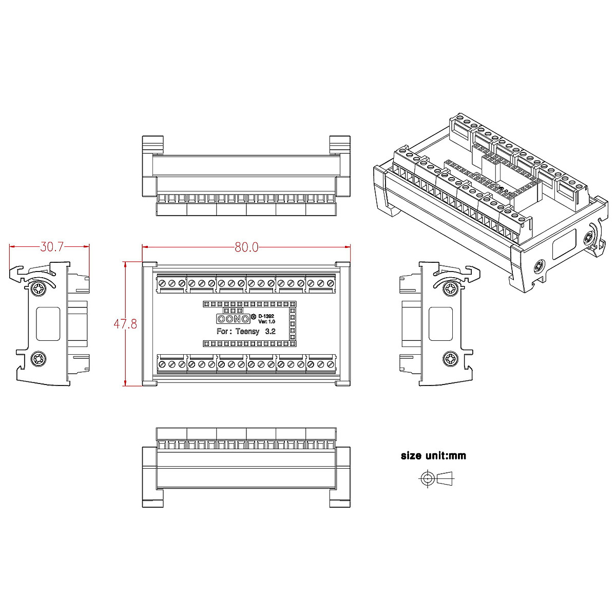 Terminal Block Breakout Board Module for Teensy 3.2, DIN Rail Mount Version