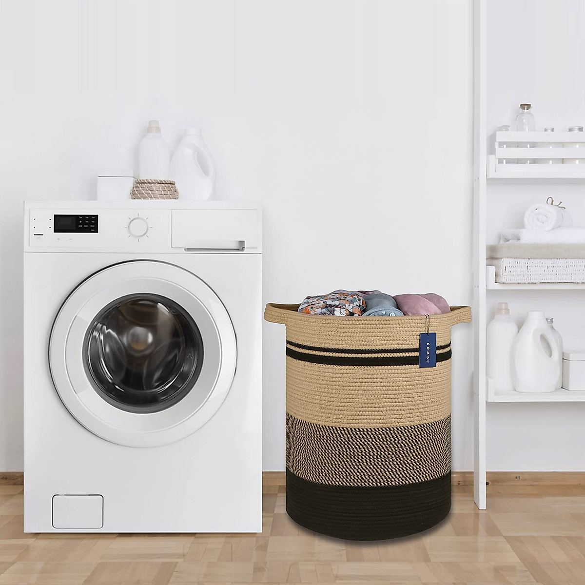 COMSE Extra Large Laundry Basket, Tall Blanket Basket, Laundry Hamper with Handles, 15.7”x 21.7”, Cotton Rope Basket, Woven Laundry Basket, Toy Basket, Clothes Baskets,Woven Basket, Brown/Black