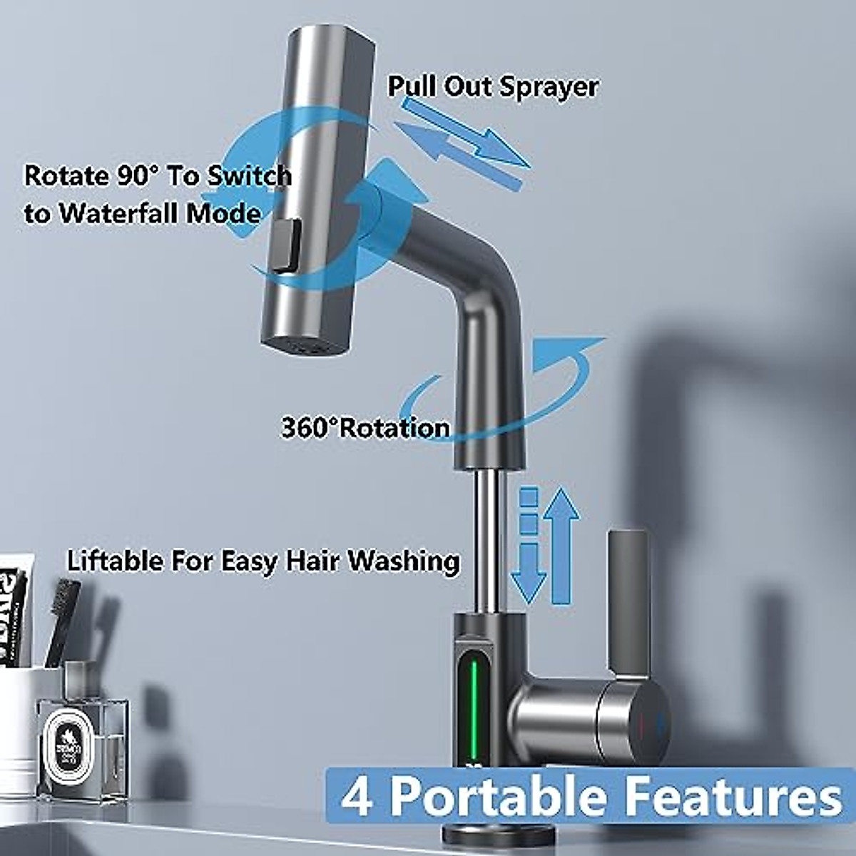 BARROCK Waterfall Bathroom Faucets with Pull Down Sprayer, Modern Pull Out Bathroom Sink Faucet with Digital Temperature Display, Height Adjustable Basin Mixer Tap No Battery Needed, Gun Grey